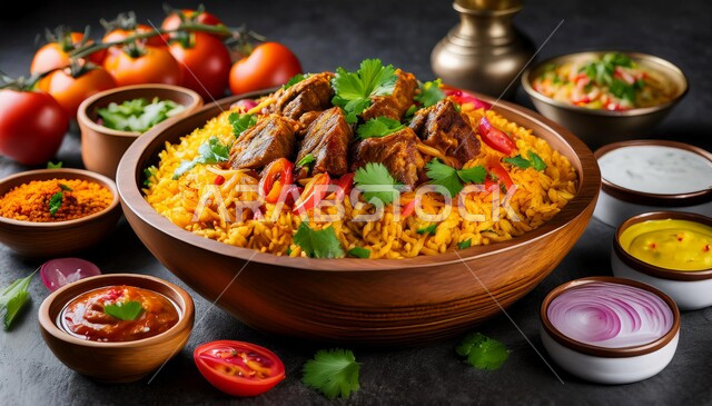 A plate of Kabsa rice with lamb pieces and vegetables, traditional ...