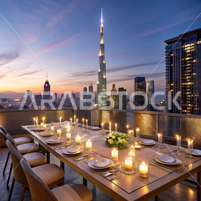Balcony with luxury home furniture overlooking Burj Khalifa in Dubai ...