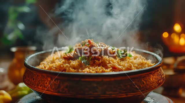 A plate of delicious Mandi rice, traditional popular Arabic dishes and ...