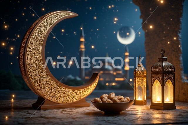Spiritual Ramadan atmosphere, traditional Arabic lamps and lights ...