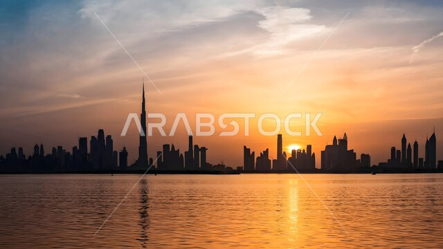Dubai skyline at sunset, architectural art of towers and skyscrapers ...