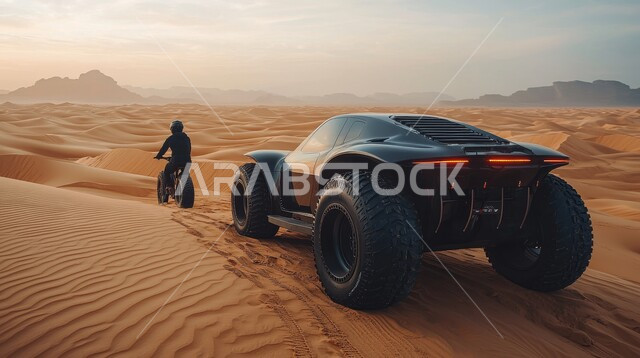 Driving a racing car in the middle of the desert, the terrain and ...