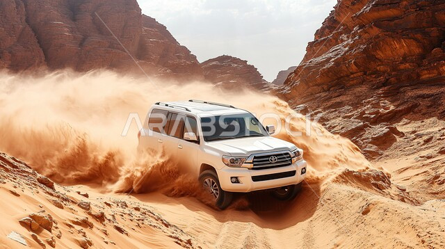 4x4 vehicles in the middle of the desert, sand dunes and hills in ...