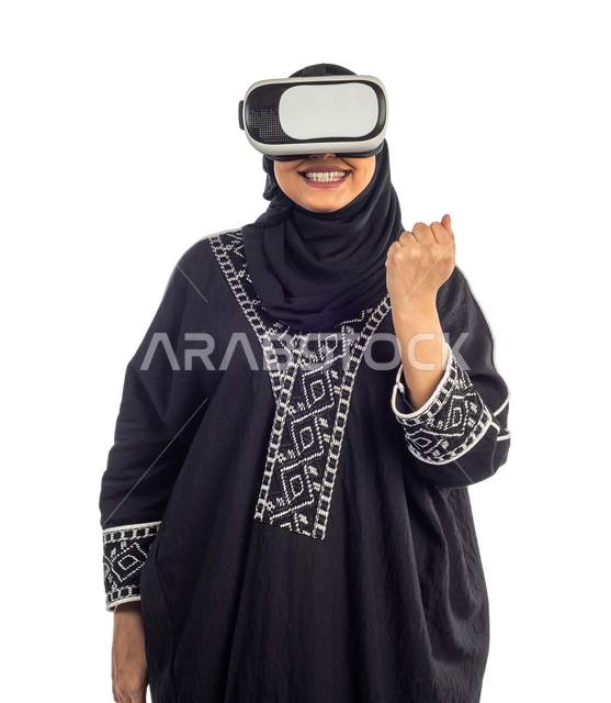 Portrait of a smiling Saudi Arabian Gulf woman wearing a unique 3D ...