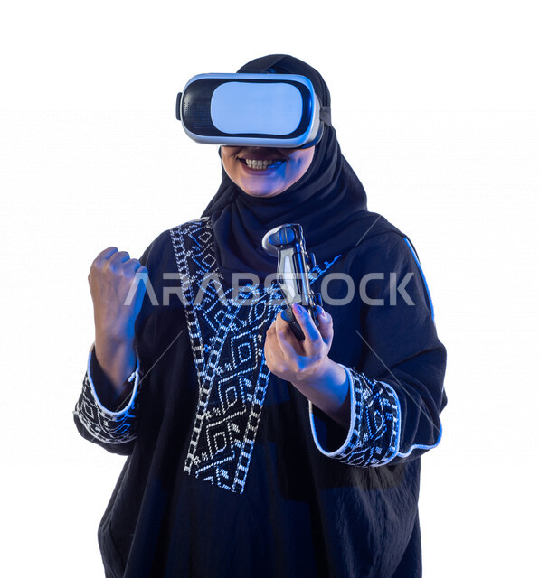 Portrait of a smiling Saudi Arabian Gulf woman wearing a unique 3D ...