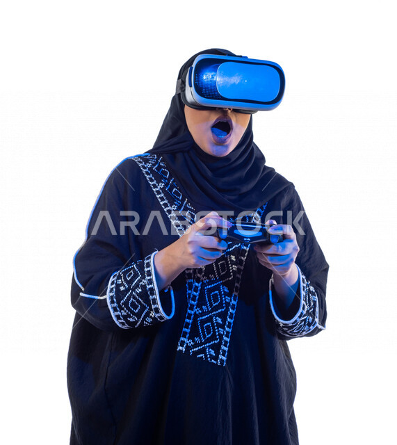 Portrait of a smiling Saudi Arabian Gulf woman wearing a unique 3D ...