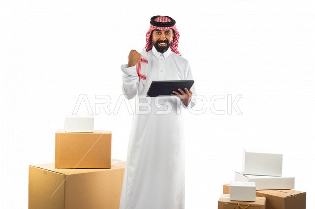 Portrait of a Saudi Arabian Gulf man working in the delivery of orders ...
