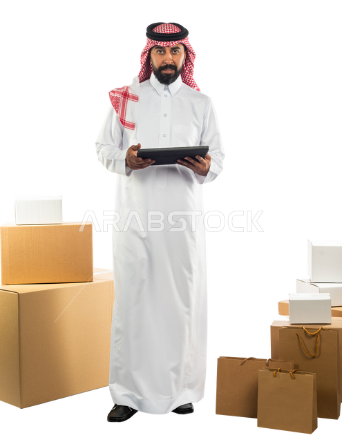 Portrait of a Saudi Arabian Gulf man working in the delivery of orders ...