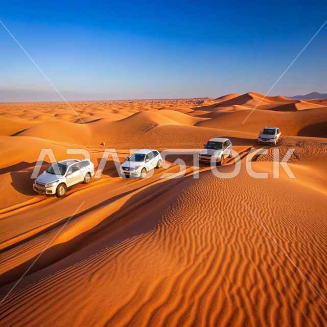 Fun desert activity, a group of four-wheel drive vehicles (dune bashing ...