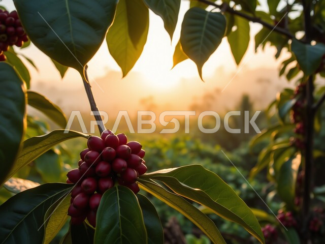 Branches and fruits of the Saudi Khawlani coffee tree in Al-Fayfa ...