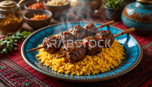 وصفة المندي التقليدية الشهية, وجبة غذائية صحية مغذية, طبق من الأرز مع ...