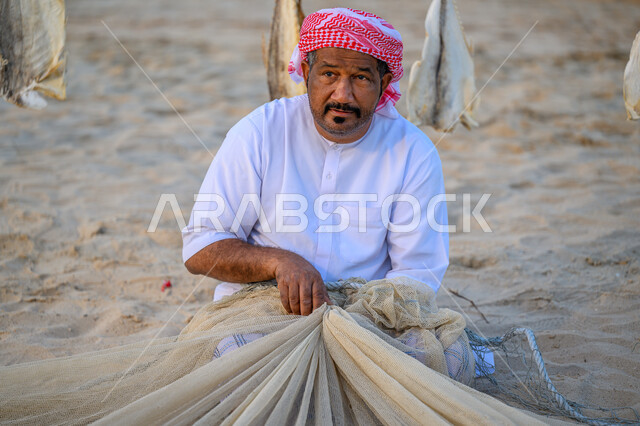 Cultural heritage events and activities, close-up of a Qatari Gulf Arab ...
