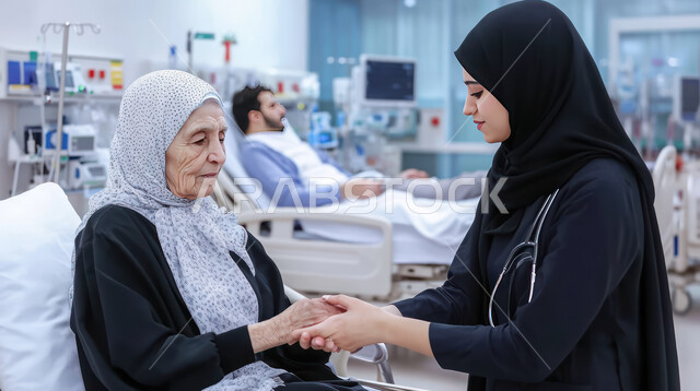 Medical care and attention, close-up of a veiled Gulf Arab female ...