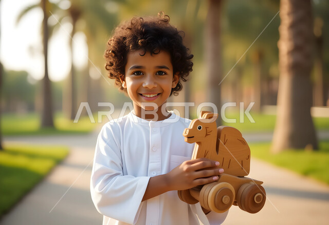 Having fun in a public park, close-up of a Saudi Arabian Gulf boy ...