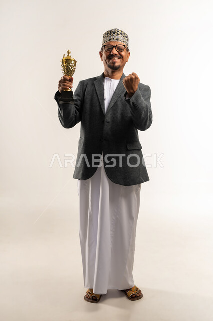 Raising hand in the air with expressions of enthusiasm, getting first ...