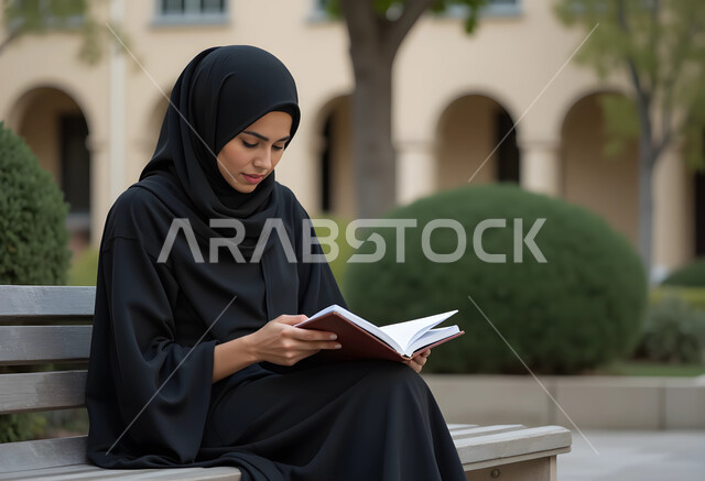 Reading hobby, veiled Saudi Arabian Gulf woman wearing black abaya ...