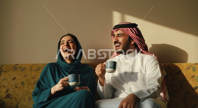 الاستمتاع بتناول مشروب ساخن، منتج ومحصول محلي وطني، زوجان عربيان ...