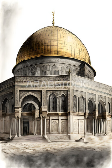 3D illustration of the blessed Al-Aqsa Mosque, worship and drawing ...