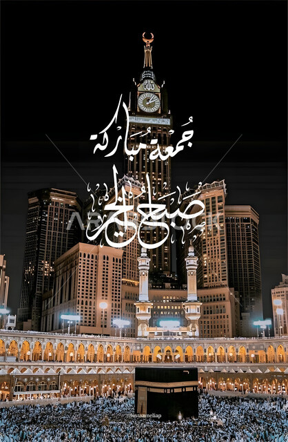 Blessed Friday manuscript in Arabic in white, the Holy Kaaba in Mecca, sacred Islamic religious ...