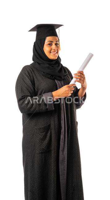 Portrait of an Arab Saudi Gulf university student holding her ...