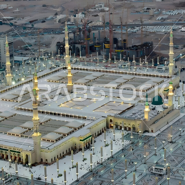 The outer courtyard of the Prophet's Mosque in Medina, the holy Islamic ...