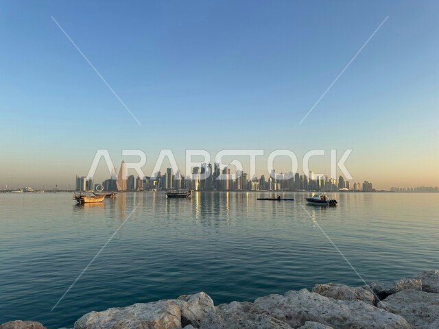 Qatar waterfront, view of towers and skyscrapers on the sea, Doha ...