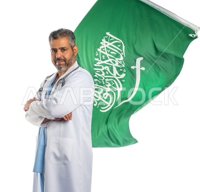 Portrait of a Saudi Arabian Gulf doctor, behind him is the flag of the ...