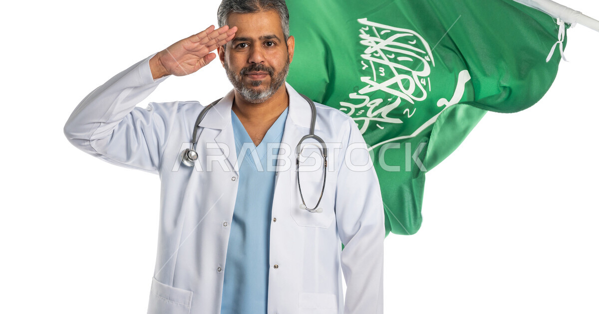 Portrait of a Saudi Arabian Gulf doctor, behind him is the flag of the ...