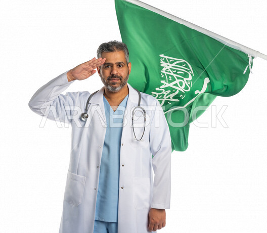 Portrait of a Saudi Arabian Gulf doctor, behind him is the flag of the ...