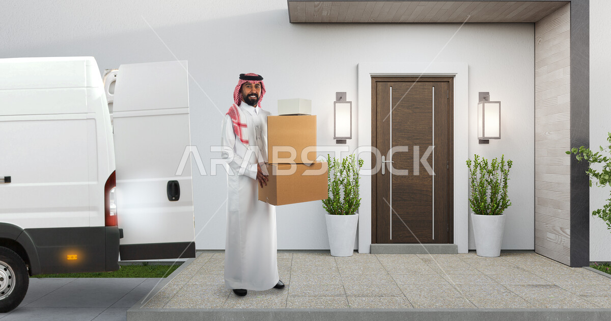 A Saudi Arabian Gulf man carrying in his hands the purchase boxes ...