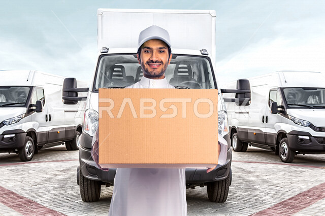 A Saudi Arabian Gulf man wearing a Saudi dress works in the delivery of ...