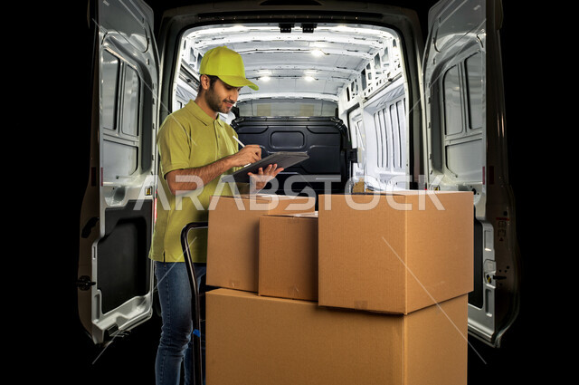 Portrait of a Saudi Arabian Gulf man working in the delivery of orders ...