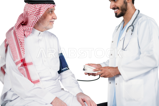 Portrait of a Saudi Arabian Gulf doctor checking the blood pressure of ...