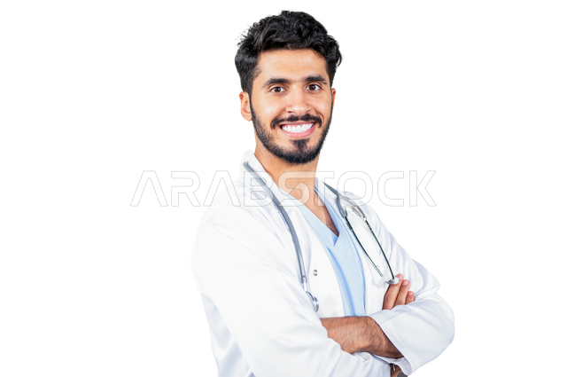 Portrait of a Saudi Arabian Gulf doctor with crossed hands, looking at ...