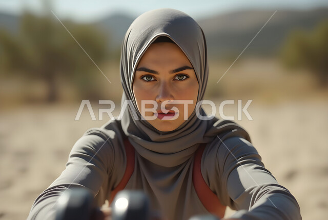 Burning fat and calories, Saudi Arabian Gulf woman wearing hijab and ...