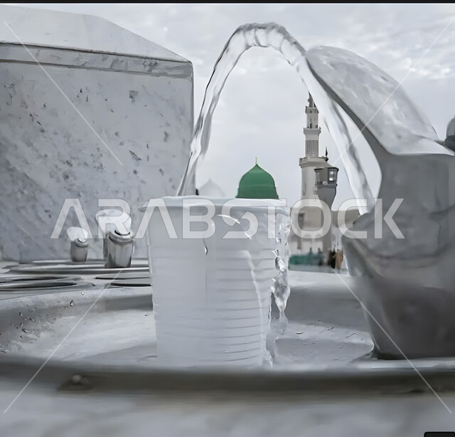 A cup and a jug of water in the Prophet's Mosque in Medina, the holy ...