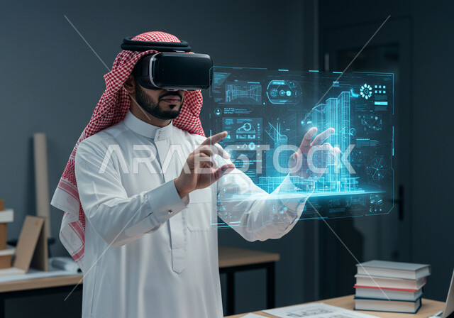 Saudi Vision 2030, 3D holographic symbols and elements of towers and ...