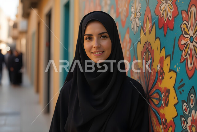 Having fun in a walk, close up of a veiled Saudi Arabian Gulf woman ...