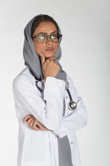 Portrait of a Saudi Arabian Gulf doctor wearing glasses, the concept of ...