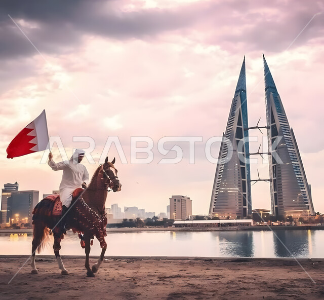 Celebrating Bahrain National Day December 16, a Bahraini Gulf Arab man ...