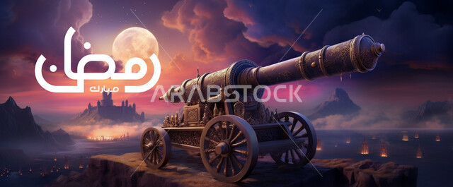 Islamic religious design template with Arabic calligraphy, Iftar cannon ...