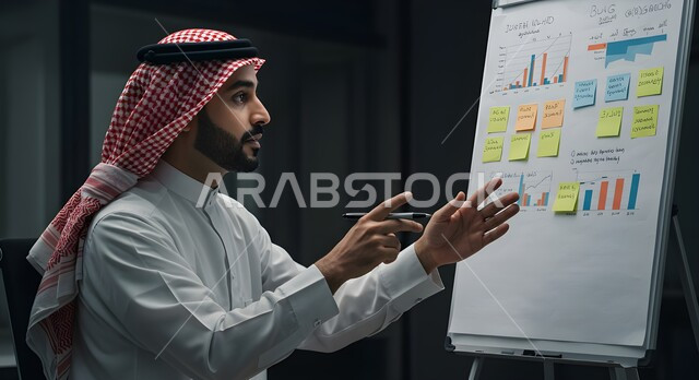 استخدام اوراق الملاحظات الملونة، صورة مقربة لرجل عربي خليجي سعودي يرتدي ...