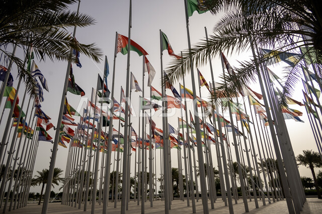 Flags of Arab and European countries fluttering in the sky, Flag Square ...