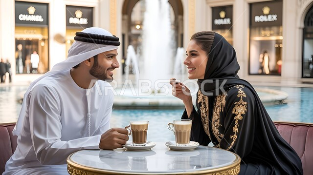 Enjoying a hot drink, close-up of an Emirati Gulf Arab couple drinking ...