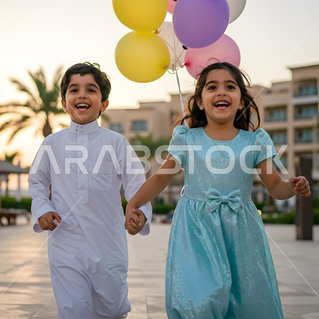 Children's joy and happiness on the happy Eid, a Saudi Arabian Gulf girl wearing a blue dress ...