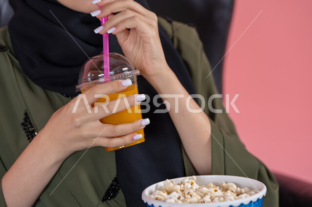 Local Emirati national products, enjoying refreshing drinks, a close-up ...