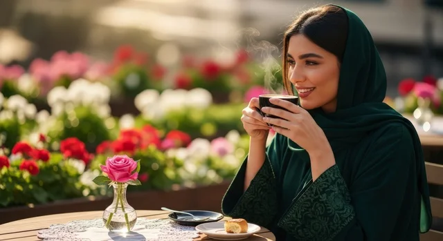 Drinking hot coffee, a Saudi Arabian Gulf woman in a hijab wearing an ...