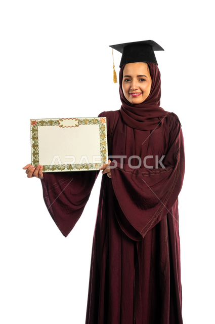 Portrait of a graduate Saudi Arabian Gulf university student wearing a ...