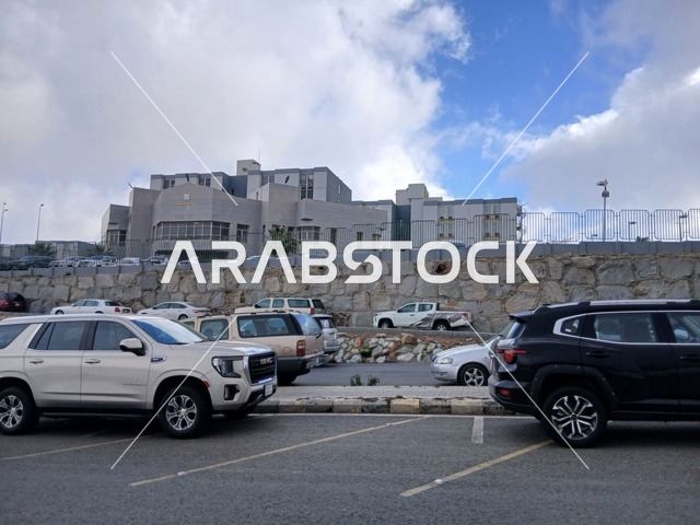 The road to King Fahd Hospital in Al-Baha, the parking lot for medical ...