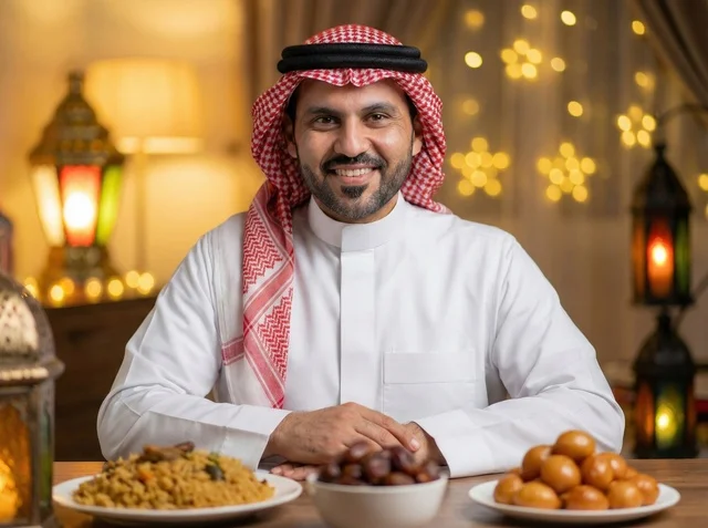 The blessed month of Ramadan, a Saudi Arabian Gulf Arab man wearing ...